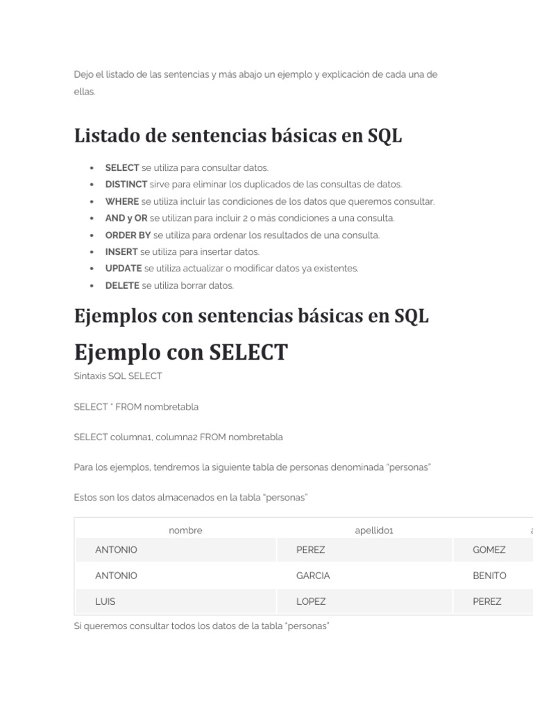 Sentencias Basicas en Mysql | PDF | SQL | Recuperación de información