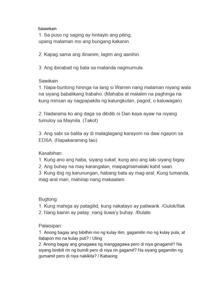 Sawikain, Salawikain, Bugtong, Palaisipan, Kasabihan | PDF