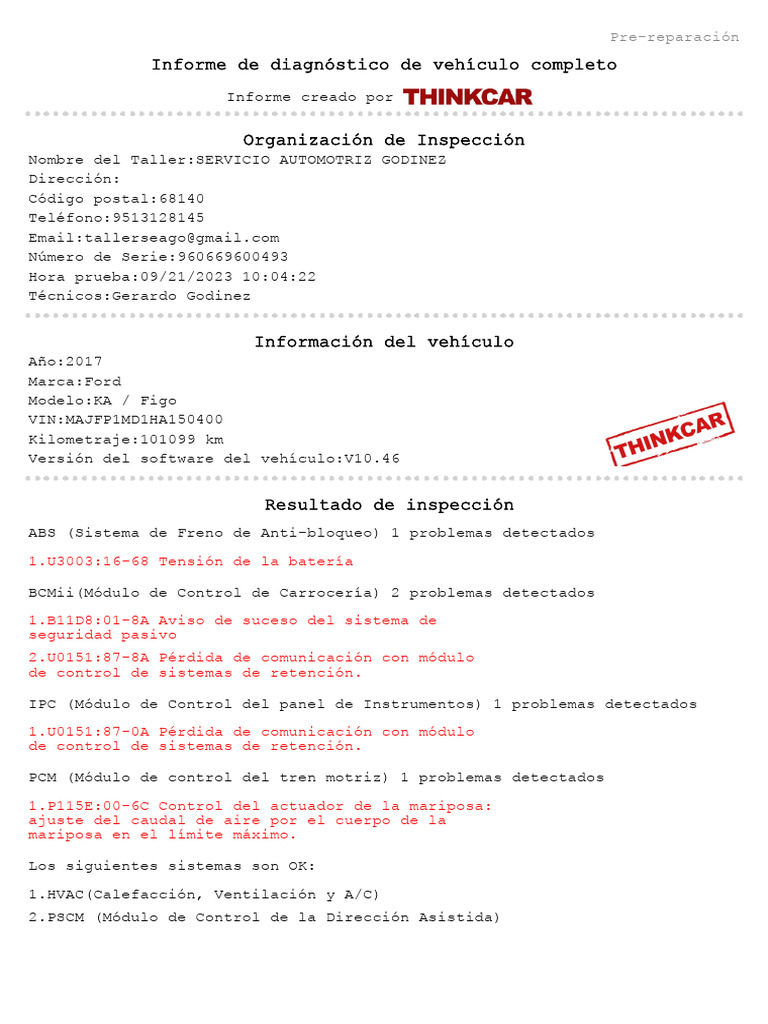 Diagnóstico Ford: B11D8 y P115E | PDF