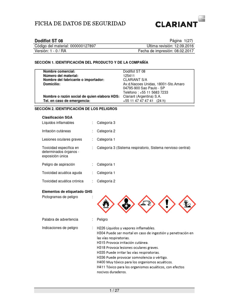 Ficha de Seguridad Dodiflot ST 08 | PDF | Química