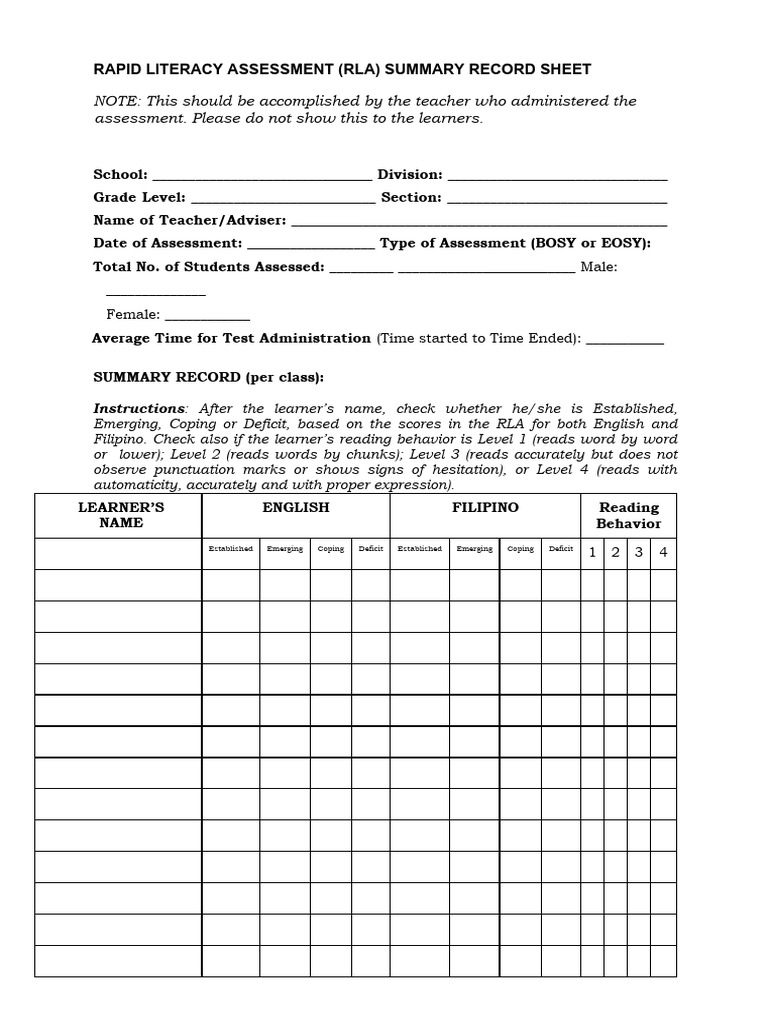 Grade 6 Rapid Literacy Assessment Summary | PDF