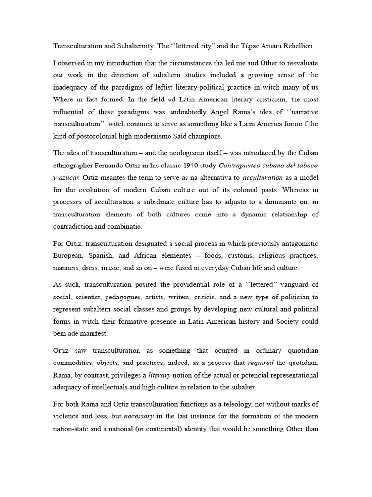 Transculturation and Subalternity The 'Lettered City'' and The Túpac ...