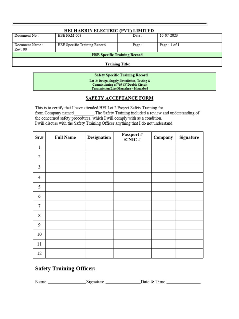 HSE FRM-003 Record For Specific Training | PDF