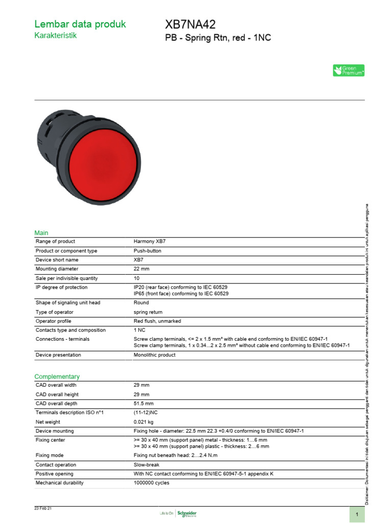 61 Push Button Off, Type Harmony XB7 - XB7NA42 | PDF | Electromagnetism ...