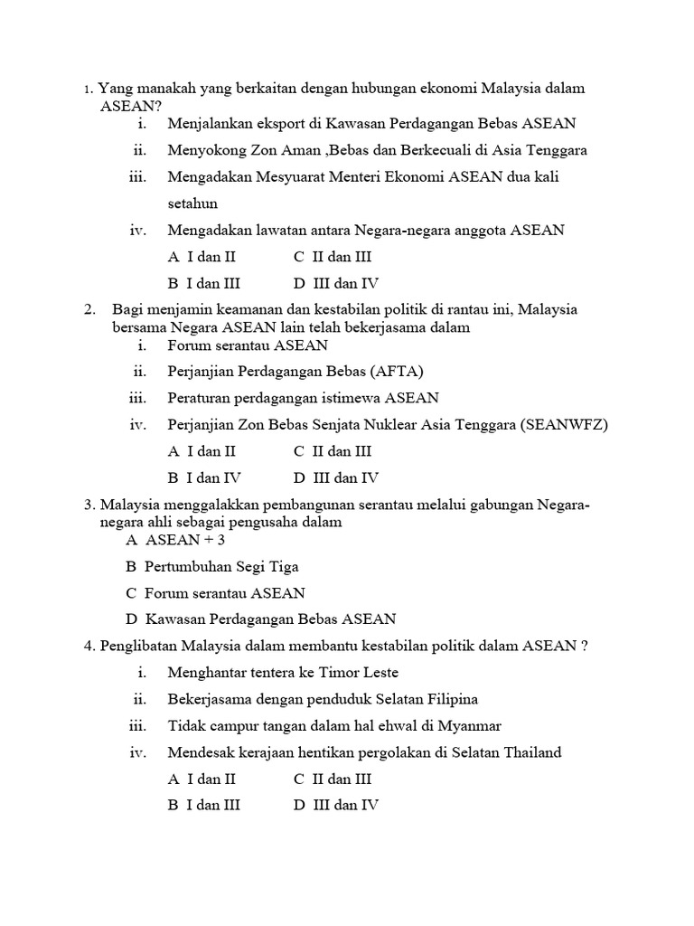 Soalan Objektif Asean Set 1 | PDF