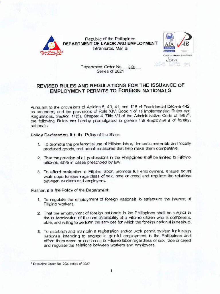 DO 221-21 Revised Rules and Regulations For The Issuance of Employment Permits To Foreign ...