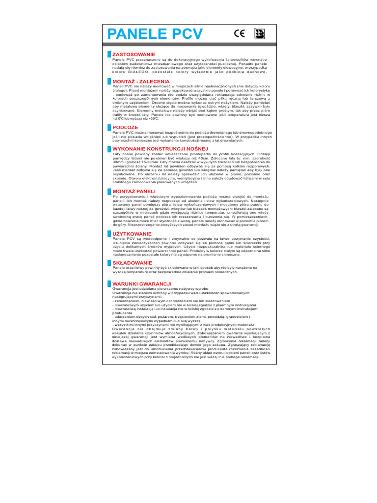 PANELE PCV Zastosowanie, Instrukcja Montazu I Skladowania, Warunki Gwarancji | PDF