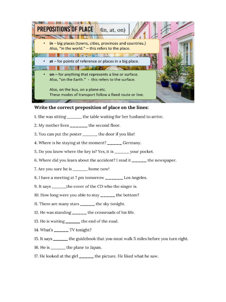 Prepositions of Place Worksheet | PDF