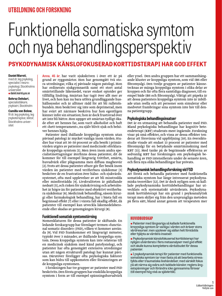 Funktionella Somatiska Symtom Och Nya Behandlingsperspektiv: Psykodynamisk Känslofokuserad ...
