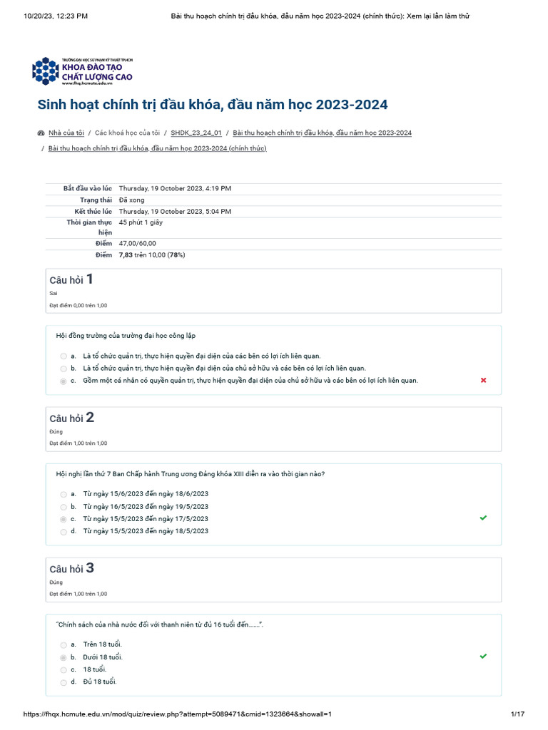 Bài thu hoạch chính trị đầu khóa, đầu năm học 2023-2024 (chính thức)_ Xem lại lần làm thử | PDF