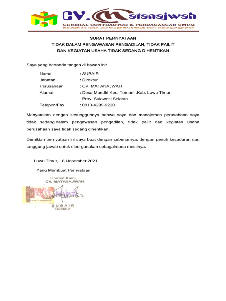 Surat Pernyataan Status Usaha CV. Matnajwah | PDF