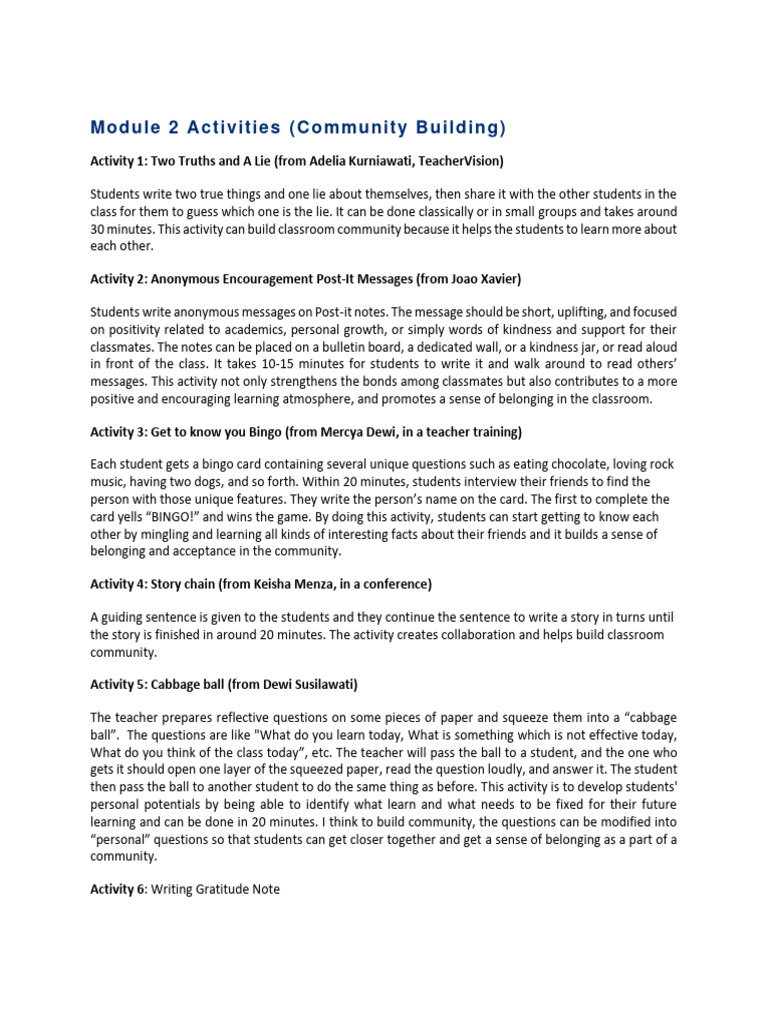 Activities For Community Building | PDF | Gratitude