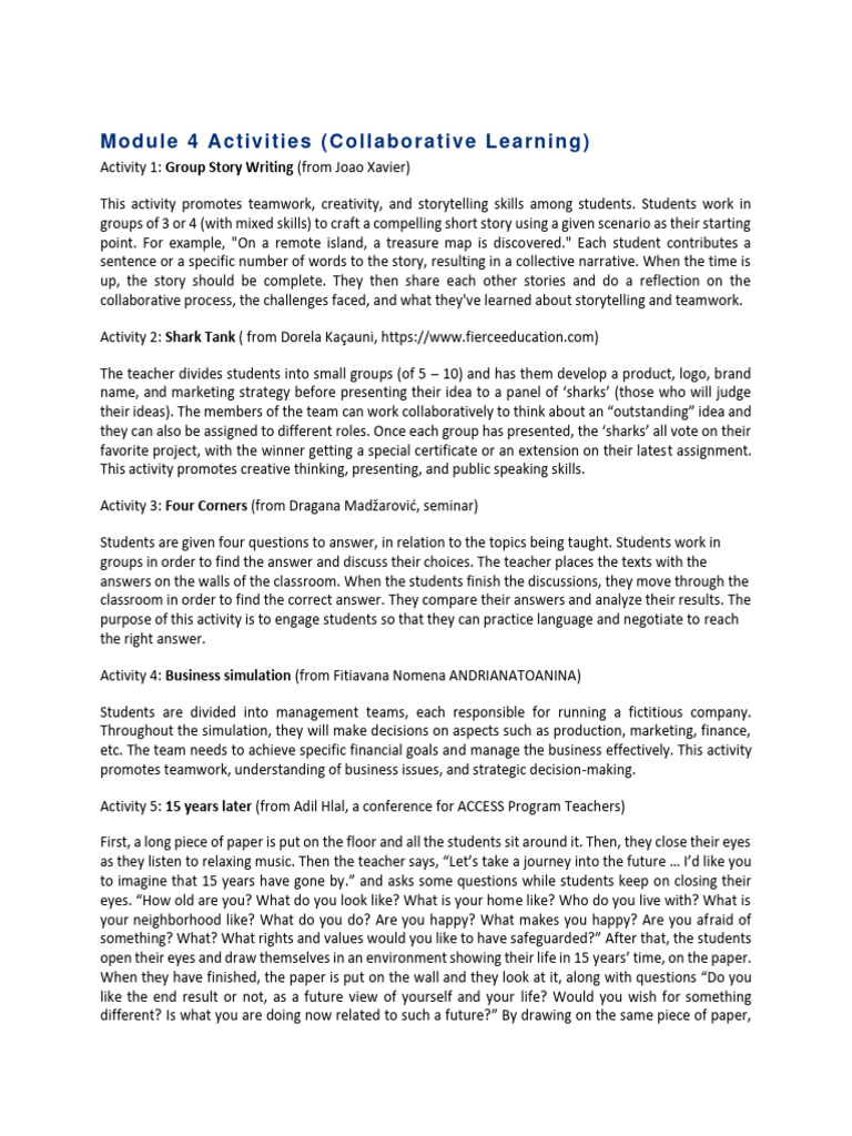 Activities For Collaborative Learning | PDF | Behavior Modification | Communication
