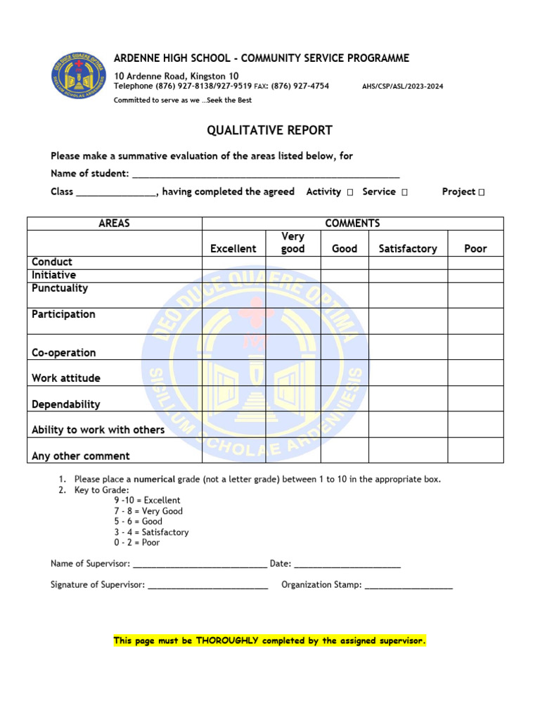Ardenne High School Community Service Evaluation | PDF