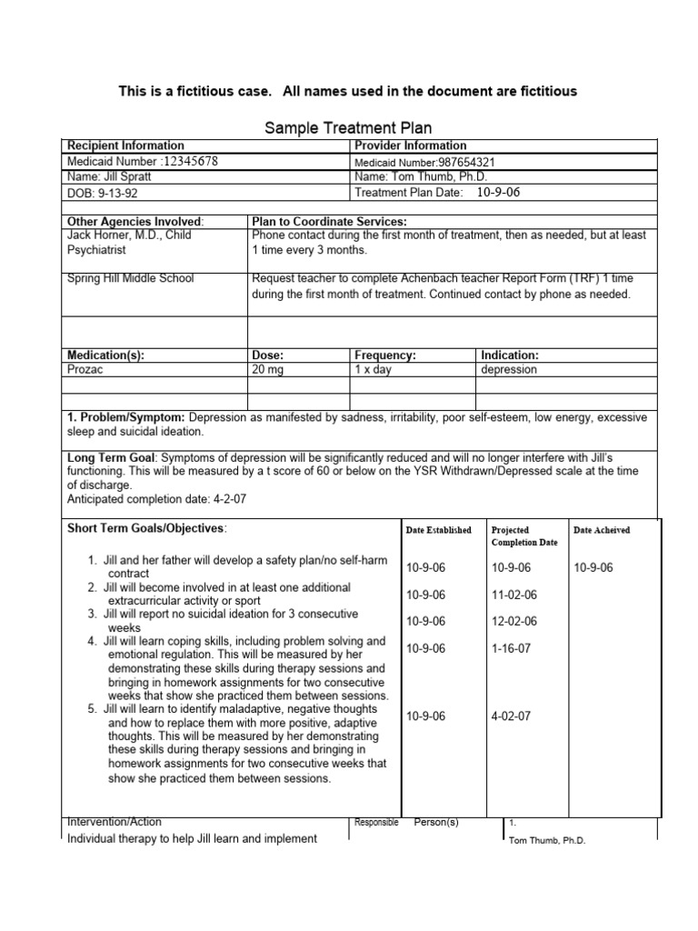 Sample Treatment Plan for Depression | PDF | Psychotherapy | Major ...