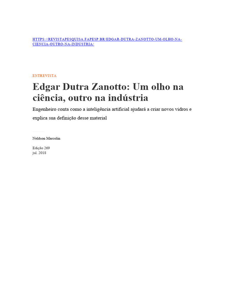 Edgar Dutra Zanotto Um Olho Na Ciência, Outro Na Indústria | PDF ...