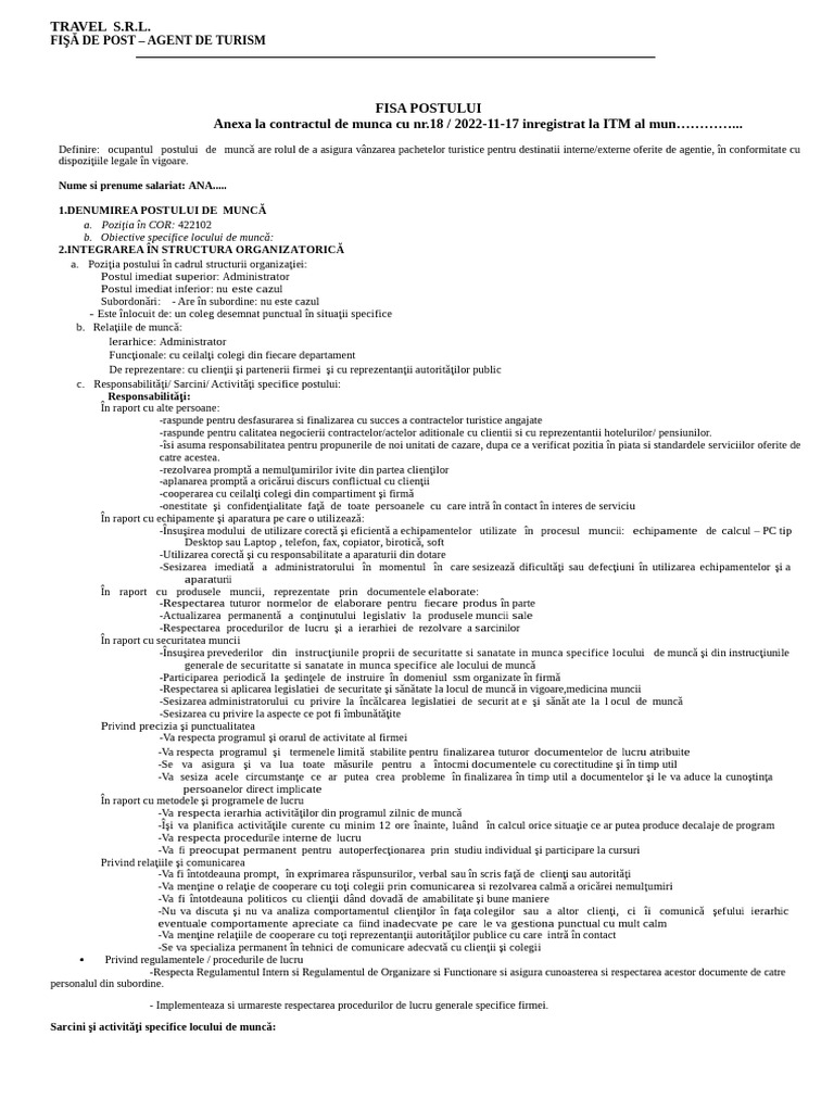 Fisa Post Agent Turism | PDF