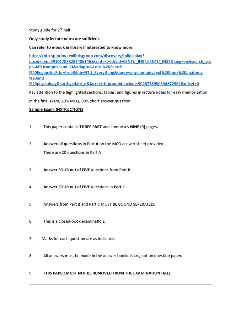 BG2119 Exam Handout For 2nd Half | PDF | Nervous System | Human Body