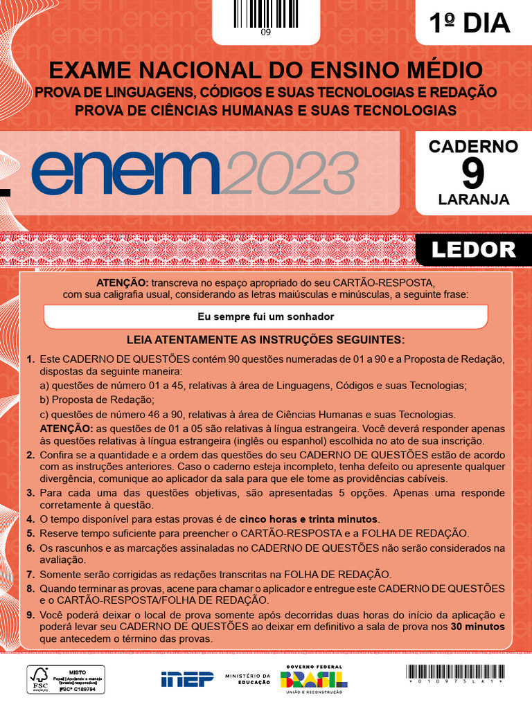 Caderno Laranja ENEM 2023: Instruções e Questões | PDF | Terceira idade ...