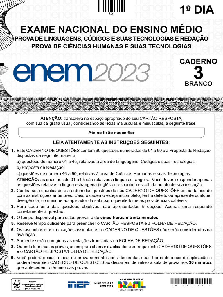 Prova Enem 2023 - Dia 1 - Branco | PDF | Brasil | Português (idioma)