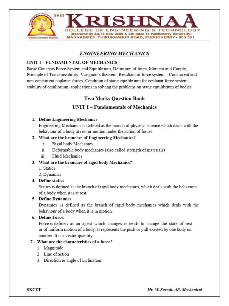 Engineering Mechanics Unit-1 | PDF | Force | Mechanics