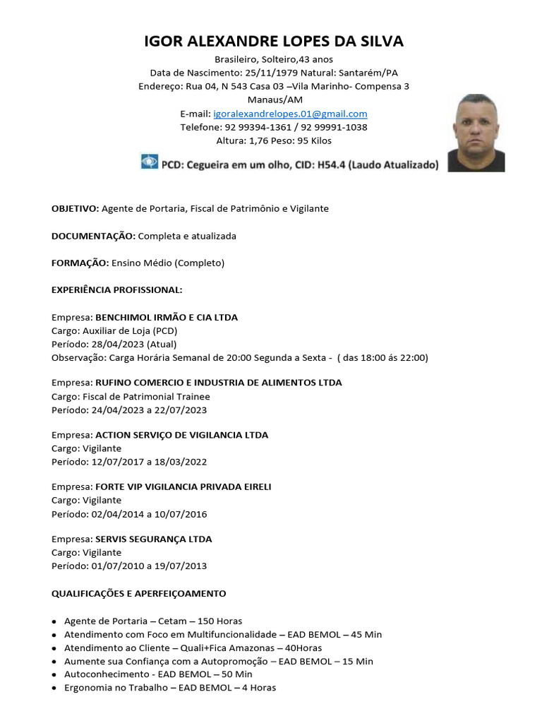 CV IGOR ALEXANDRE PCD Com Laudo e Foto | PDF | Educação à distância ...