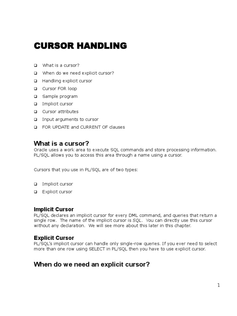 Cursor Handling | PDF | Pl/Sql | Parameter (Computer Programming)