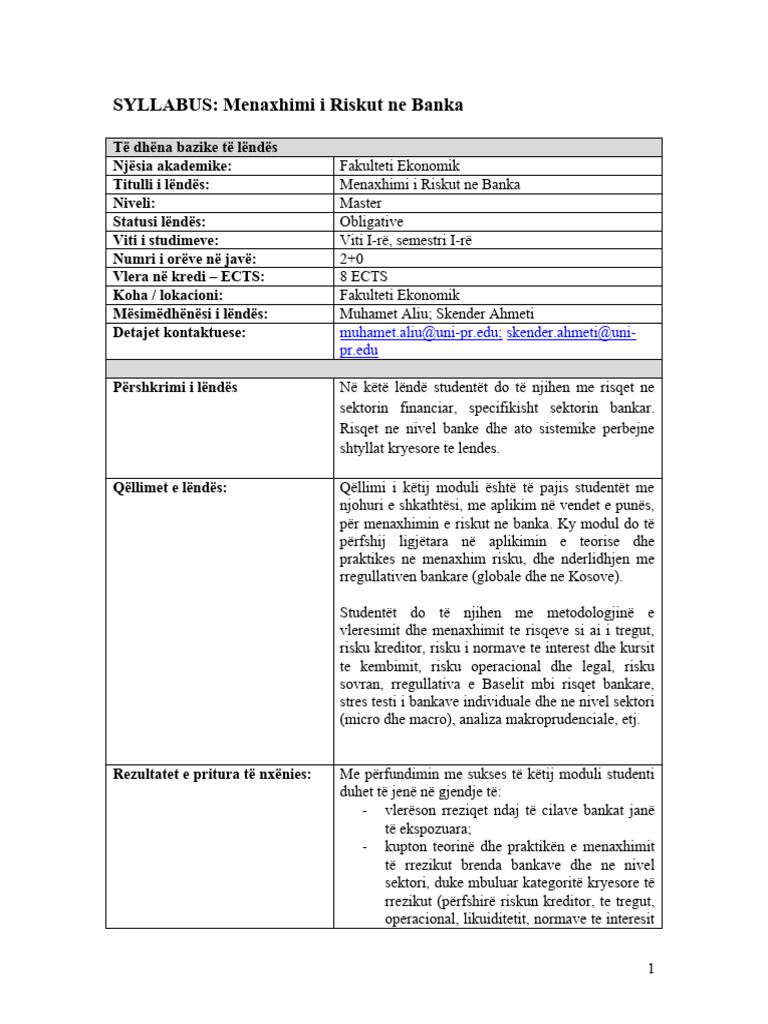 SYLLABUS: Menaxhimi I Riskut Ne Banka: Muhamet - Aliu@uni-Pr - Edu ...