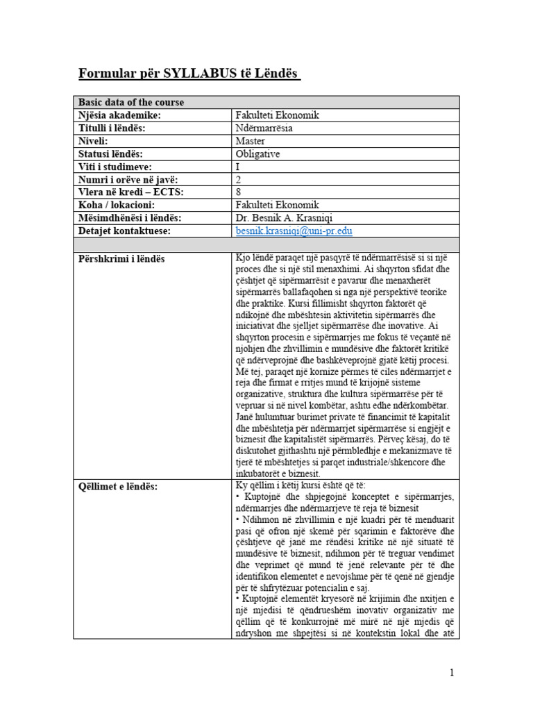 Formular Për SYLLABUS Të Lëndës | PDF