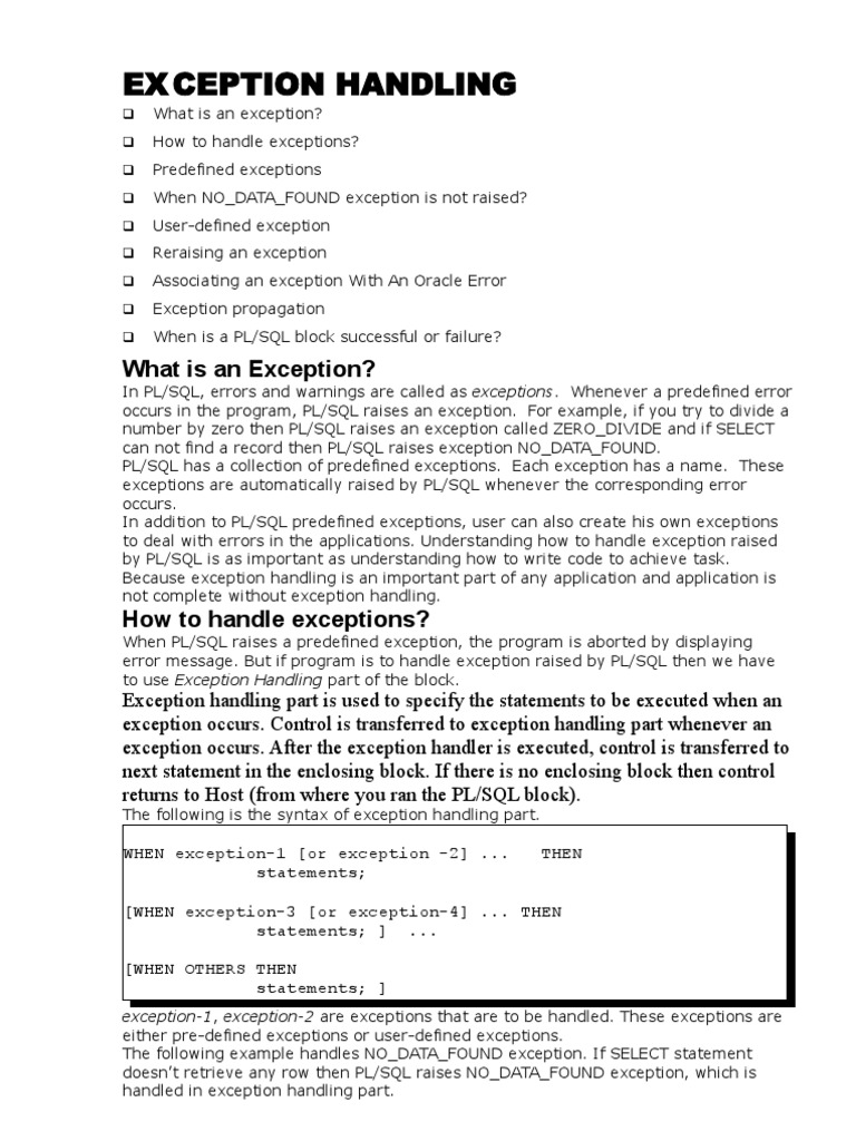 Exception Handling: What Is An Exception? | PDF | Pl/Sql | C++