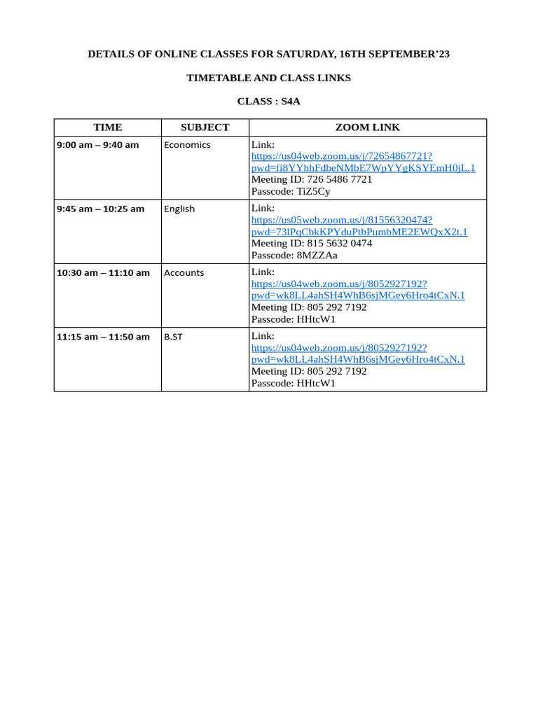 Details of Online Classes For Saturday, 16Th September'23 Timetable and Class Links Class: S4A ...