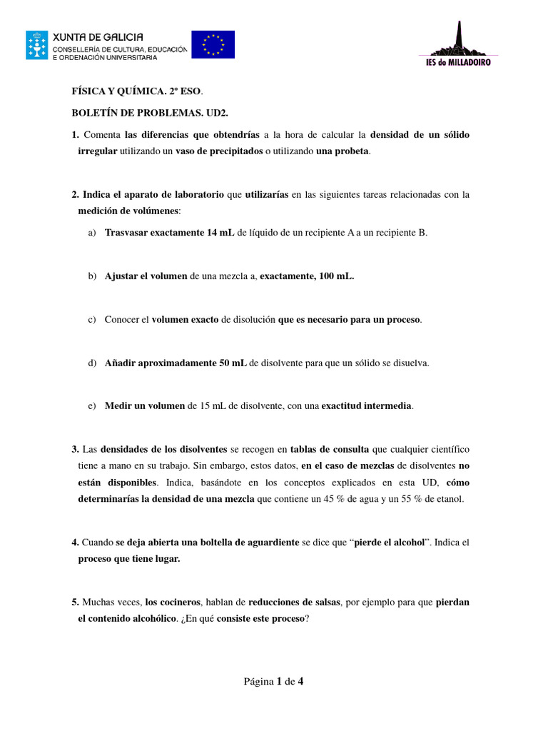 Boletín ejercicios UD 2(I) (1) | PDF | Gases | Etanol