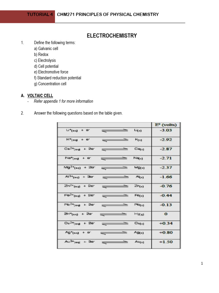 CHM271 - Tutorial 4 - Electrochemistry | PDF | Electrochemistry | Redox