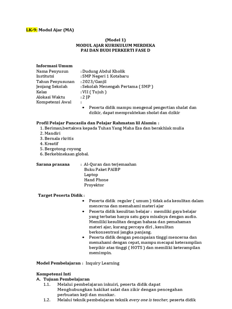 Revisi Review TUGAS LK 9a Modul Ajar 1 Dudung Abdul Kholik | PDF