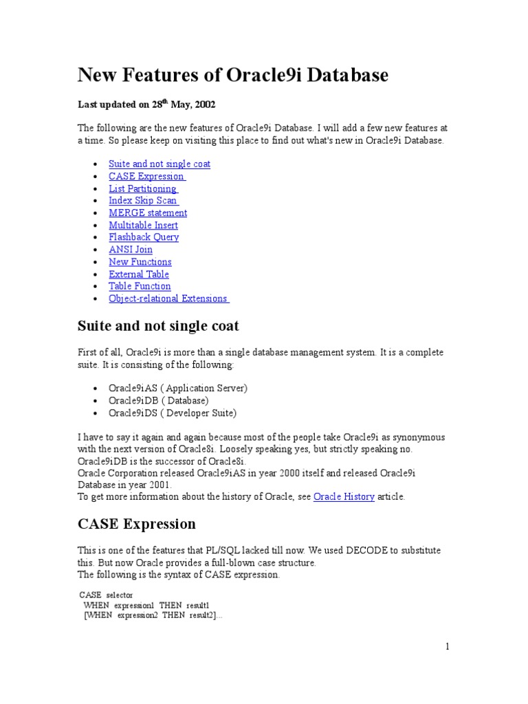 New Features Of Oracle9i Database Pdf Database Index Oracle Database