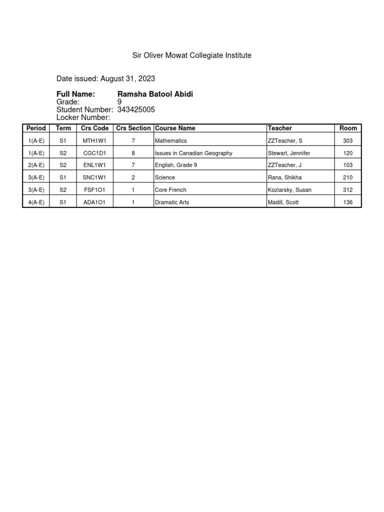 Grade 9 Student Schedule | PDF