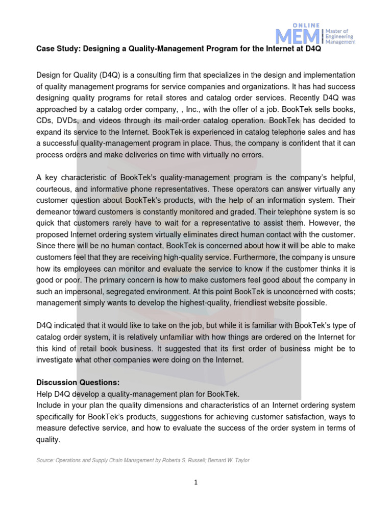 Case 4 - Designing A Quality-Management Program For The Internet at D4Q ...