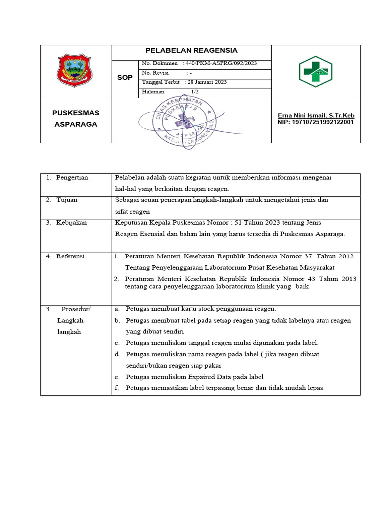 Sop Pelabelan Reagensia | PDF