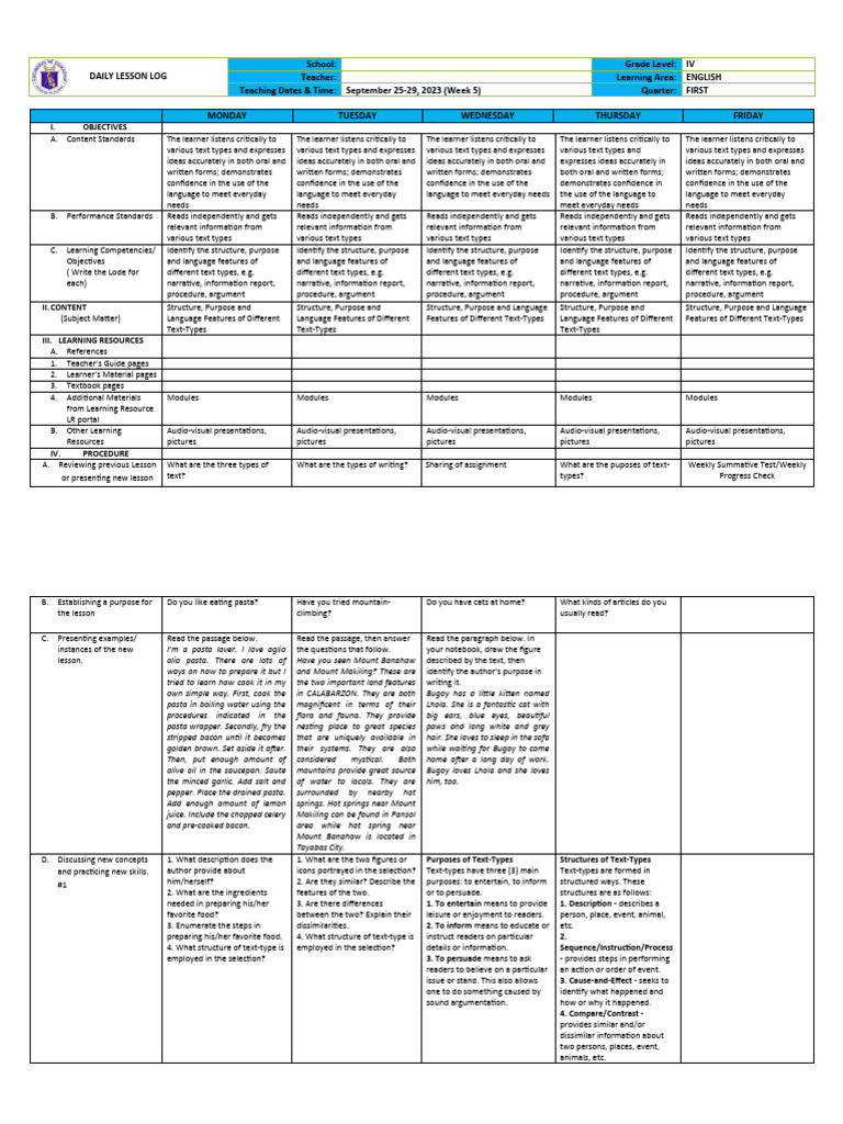 DLL - ENGLISH 4 - Q1 - W5 - Identify The Structure, Purpose and ... DLL - ENGLISH 4 - Q1 - W5 - Identify The Structure, Purpose and ...