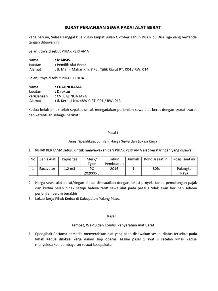 Surat-Perjanjian-Sewa-Pakai-Alat-Berat | PDF