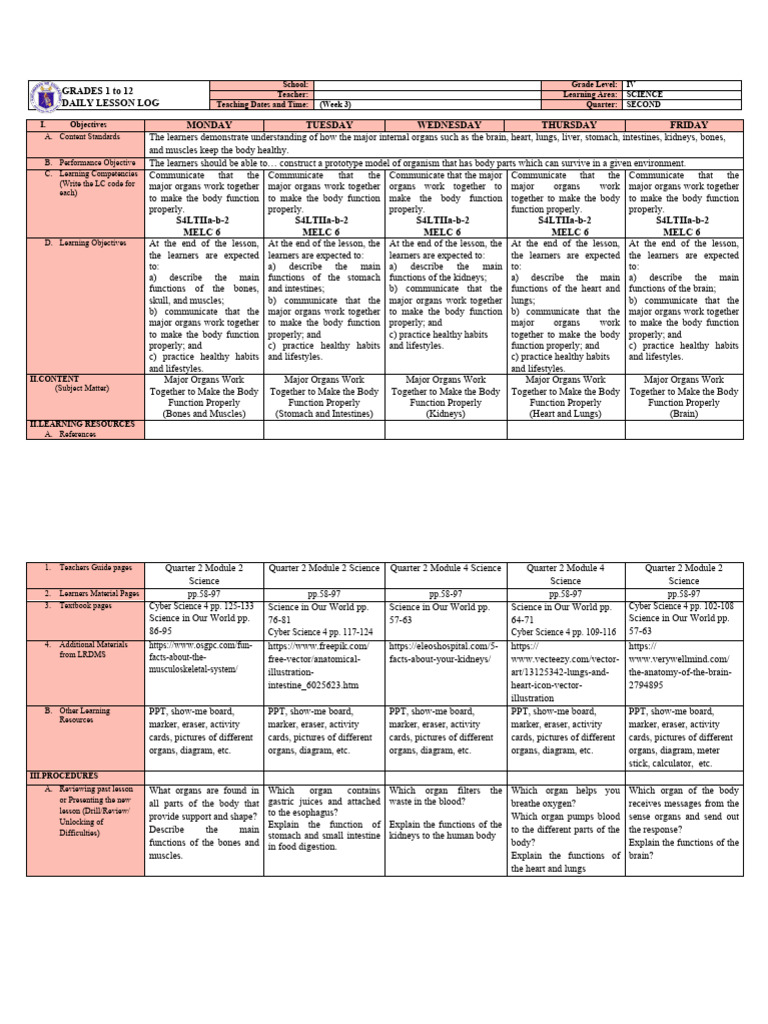 Science 4 Q2 Week 3 DLL | PDF | Human Body | Blood Science 4 Q2 Week 3 DLL | PDF | Human Body | Blood