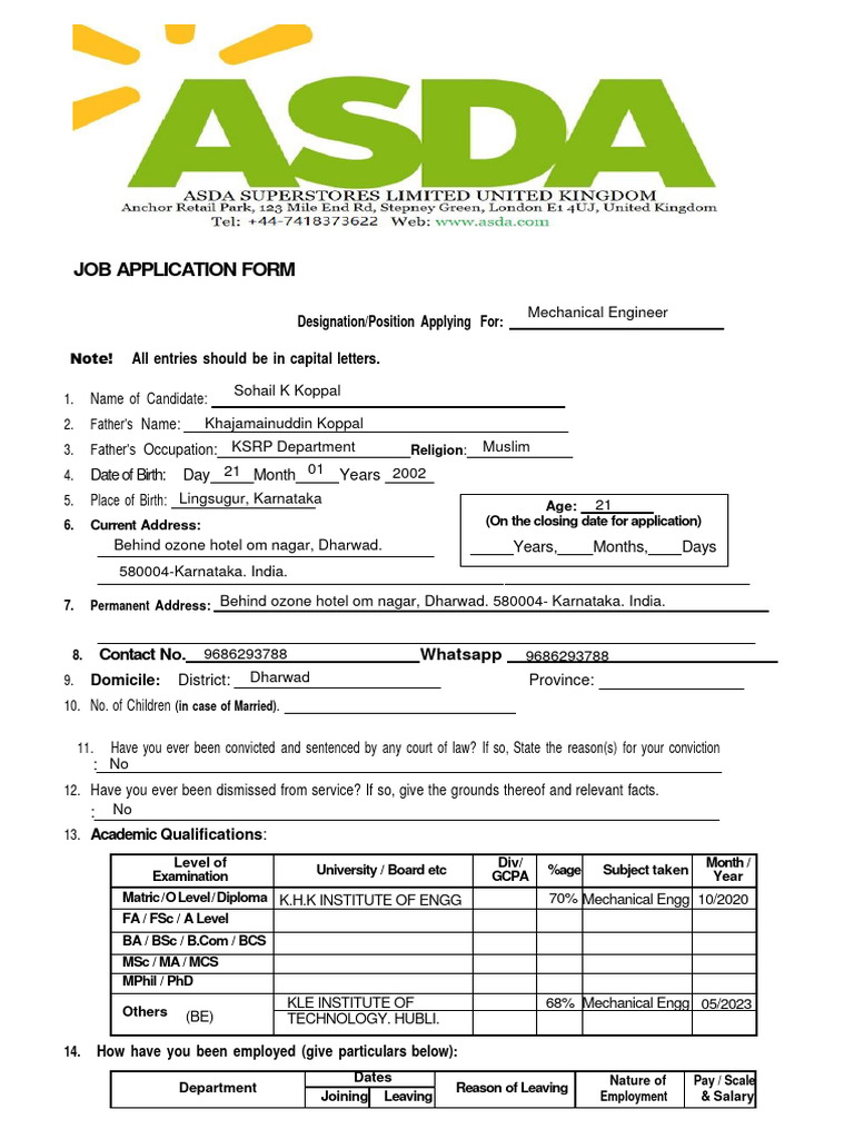 Asda Stores Employment Application Form Filled | PDF | Qualifications ...