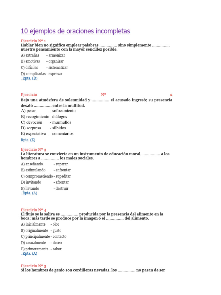 10 Ejemplos de Oraciones Incompletas | PDF | Artes del Lenguaje y ...