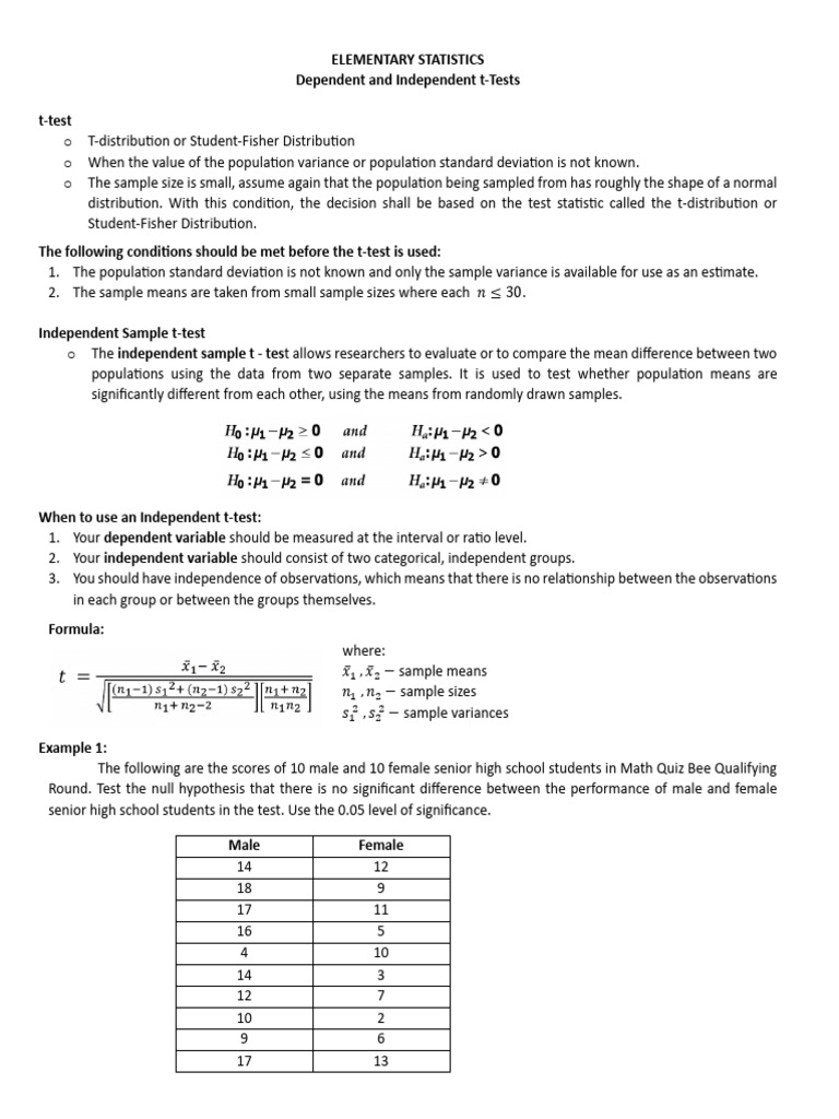 Lesson 6 Dependent and Independent T Tests | PDF | Student's T Test ...