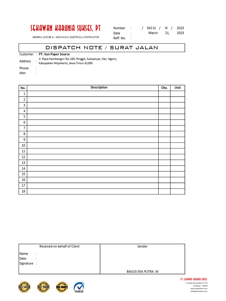 Dispatch Note for PT. Sun Paper Source | PDF