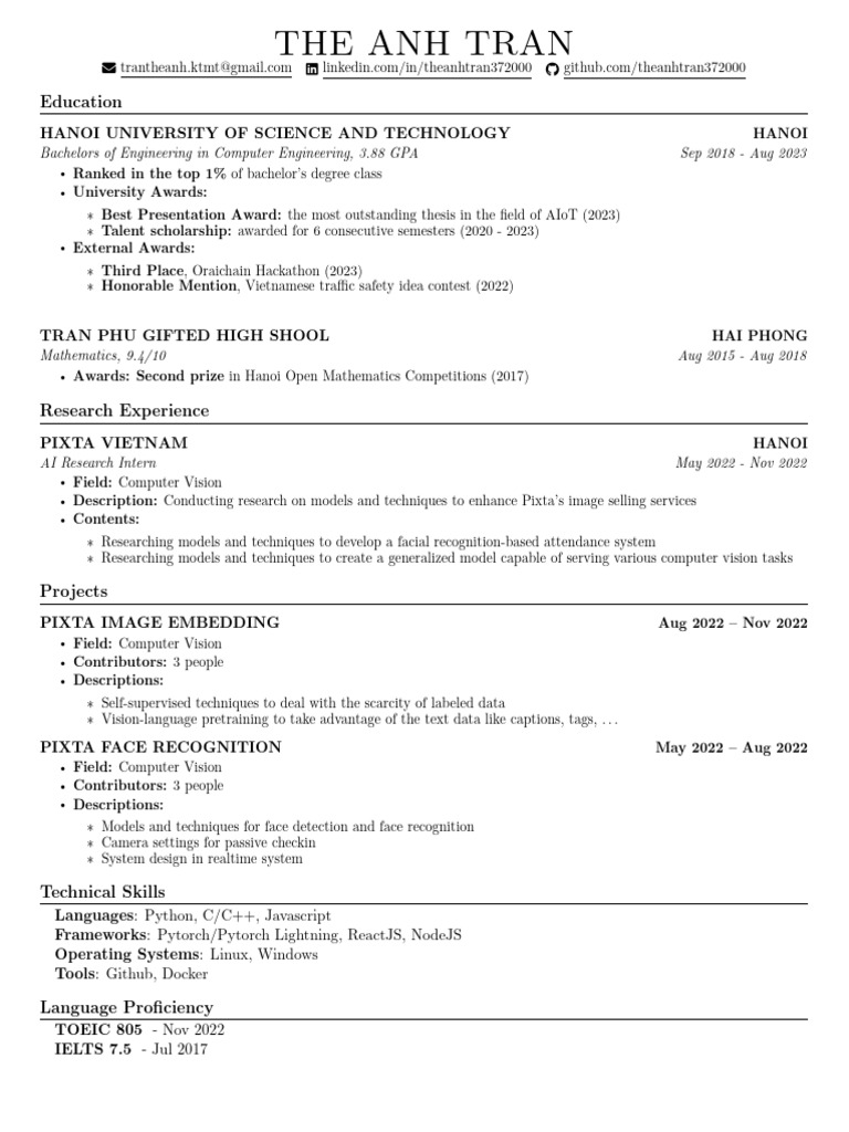 CV - Tran The Anh | PDF | Computer Vision | Computing