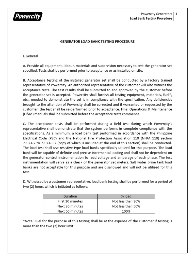 Load Bank Testing Procedure Pdf Electric Generator Voltage