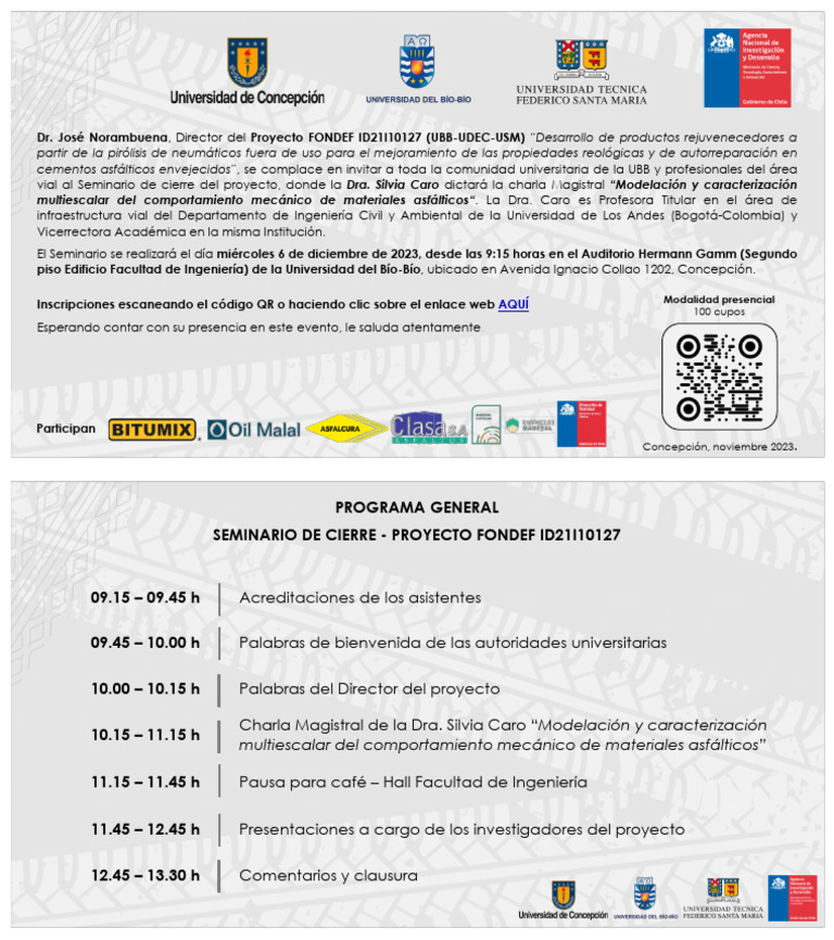 Invitacion y Programa - Seminario Cierre FONDEF ID21I10127 | PDF