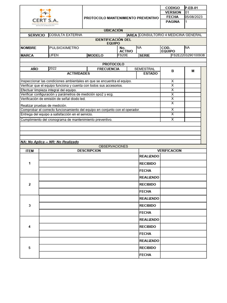 Protocolo-Mantenimiento-Pulsioximetro Lifen | PDF | Informática