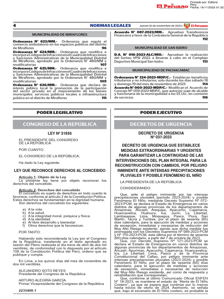 Congreso de La República Decretos de Urgencia: Normas Legales | PDF | Gobierno local | Perú